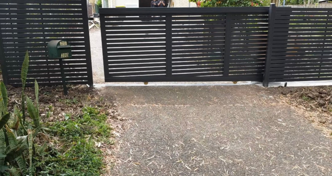 Horizontal Slat Sliding Gate | Raked Bottom Gate for Sloped Driveways ...